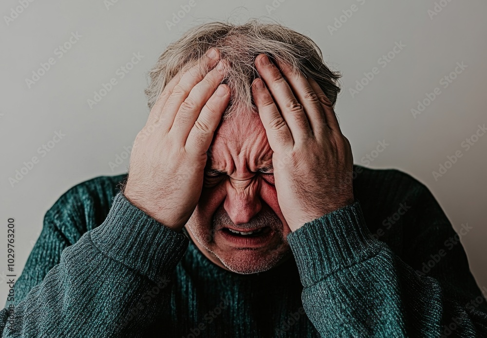 A Frustrated Patient Holding Head in Painful Expression, Staring Down ...