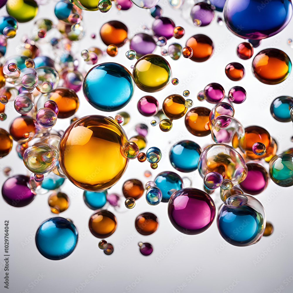 Colorful, reflective bubbles floating in mid-air on a light background ...