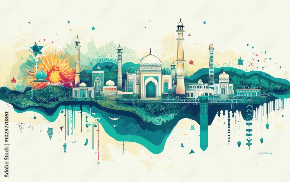 A design celebrating Pakistan Day with iconic monuments like Minar-e ...