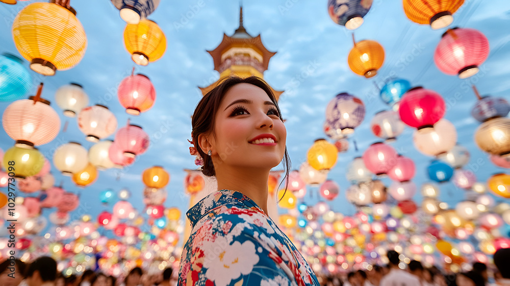 Portrait of a beautiful woman in Bon Odori festival in Japan, with ...