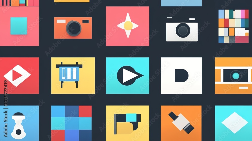 Collection of colorful video and entertainment icons arranged in a 3x3 ...