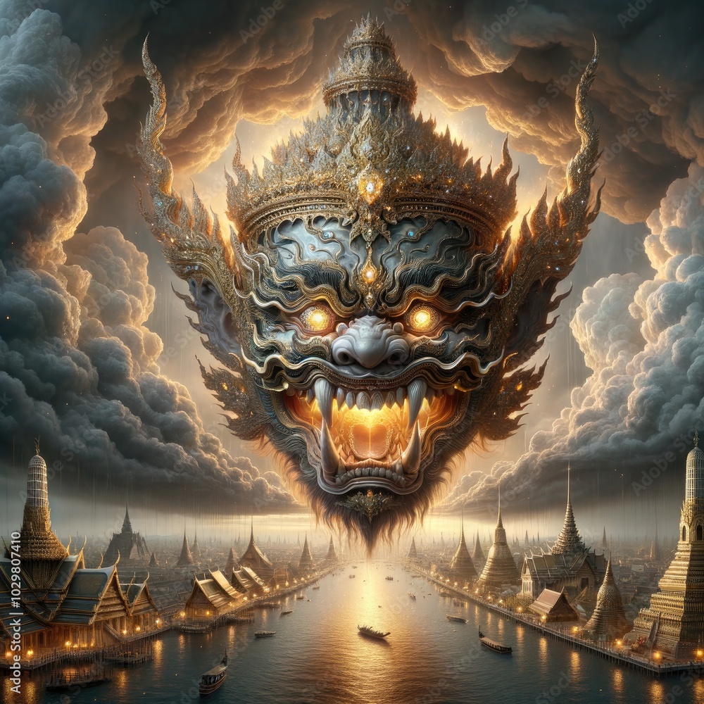 Colossal Guardian Spirit Above an Ancient City: A Hyper-Realistic Depiction of a Fearsome ...