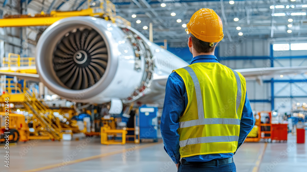 focused aerospace engineer in safety vest and hard hat stands in hangar ...