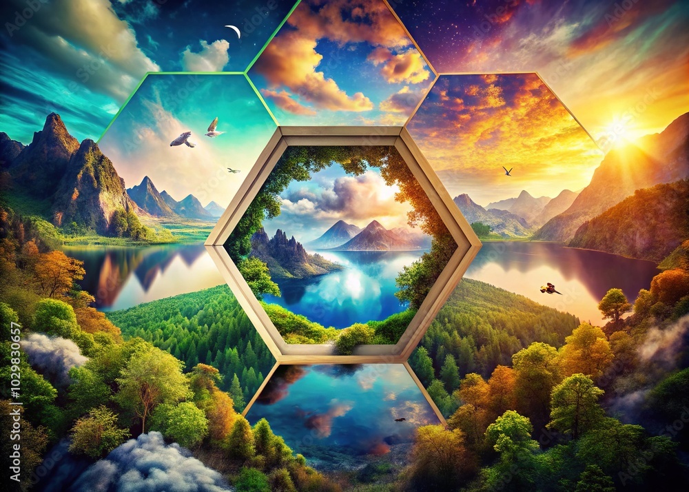 Surreal Hexagon Background Featuring Dreamlike Shapes and Vivid Colors ...
