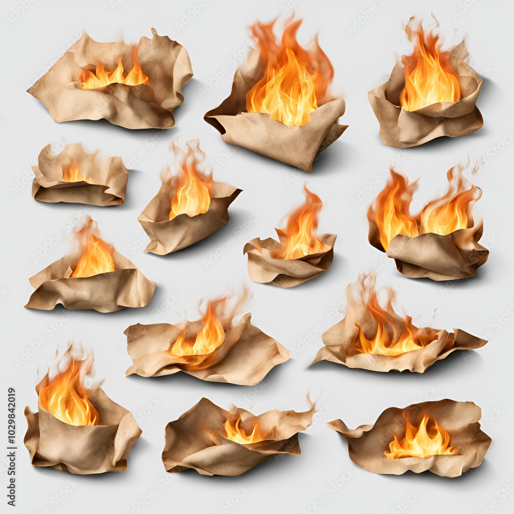 Multiple crumpled paper sheets on fire, with bright flames consuming ...