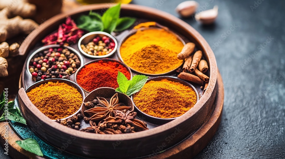 A traditional Indian spice box (masala dabba) filled with vibrant ...