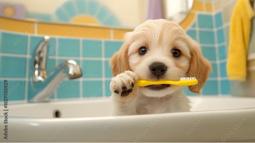 Smiling cute puppy dog brushing teeth at home in bathroom background ...