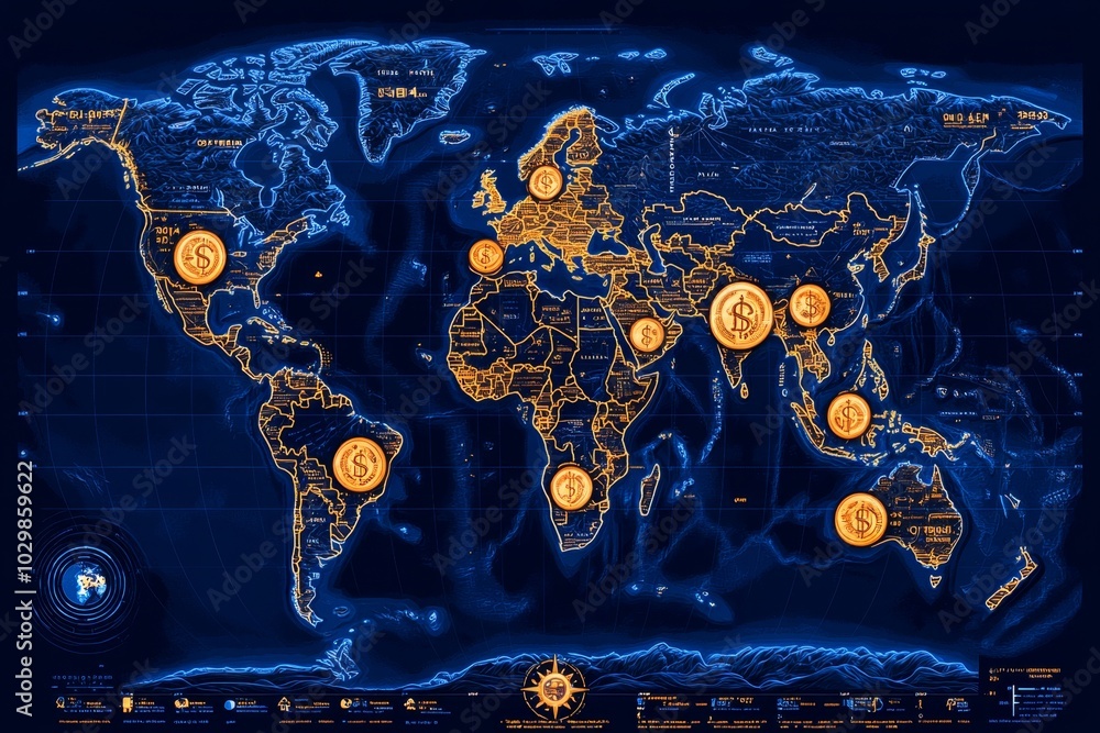 Photo & Art Print Minimal map with currency symbols marked across key ...
