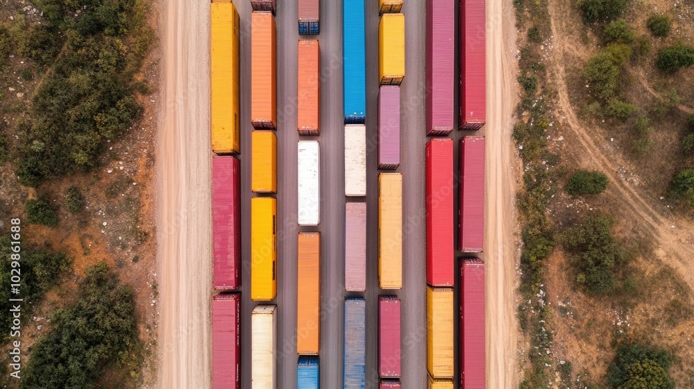 Aerial view of colorful freight trucks and cargo containers halted at a ...
