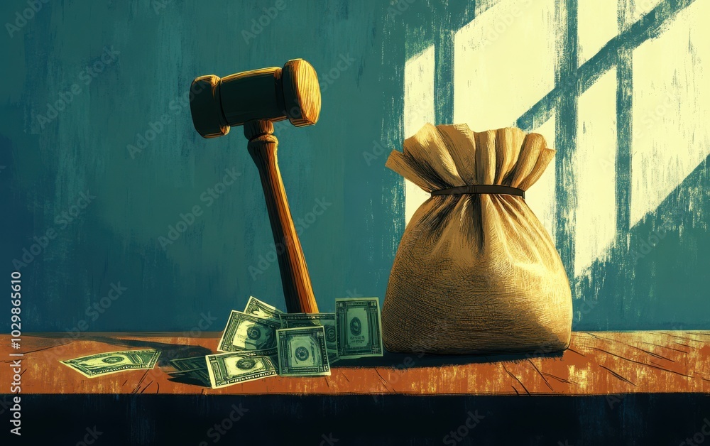 A symbolic illustration of financial penalties, featuring a money bag ...