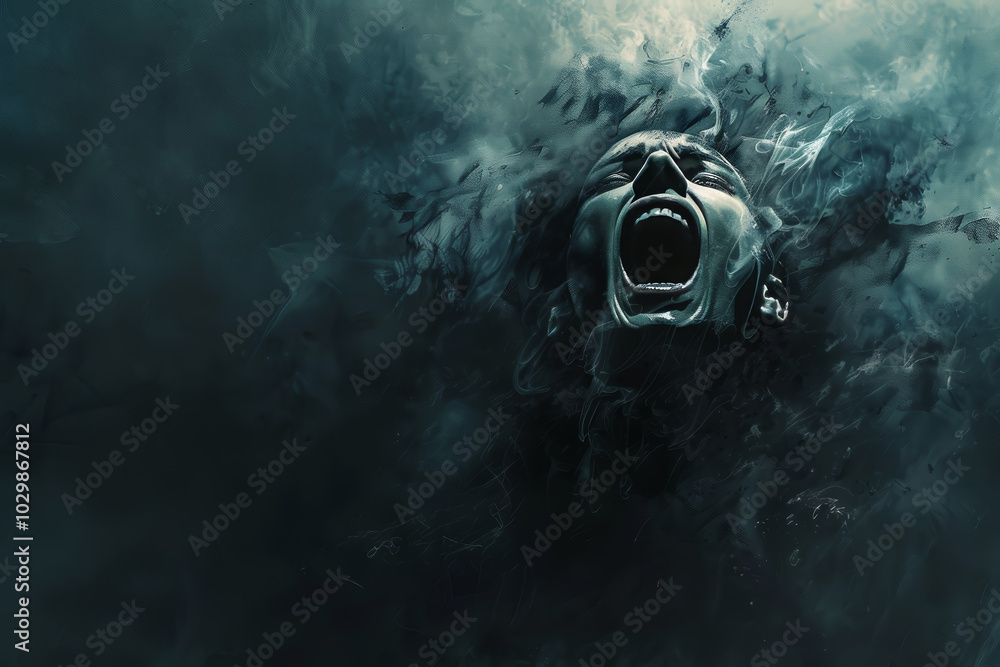 A figure emerges in a dark, swirling mist, their mouth open in a ...