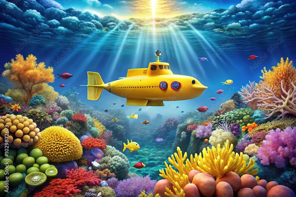 Bright Yellow Submarine with Periscope in Ocean Waters, Colorful Marine ...