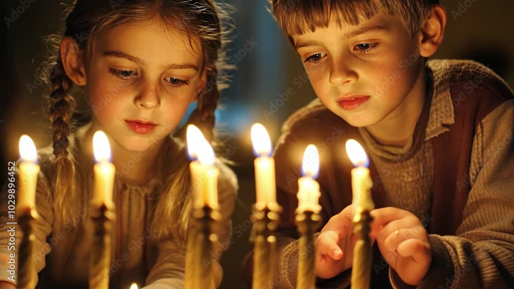Two young children, a girl and a boy, light candles on a menorah, their ...
