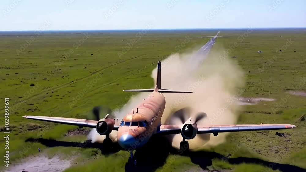 An old cargo plane taking off from a remote, empty airstrip surrounded ...