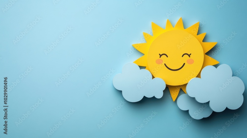 Cartoon sun peeking out from behind a sad cloud, Blue Monday theme with ...