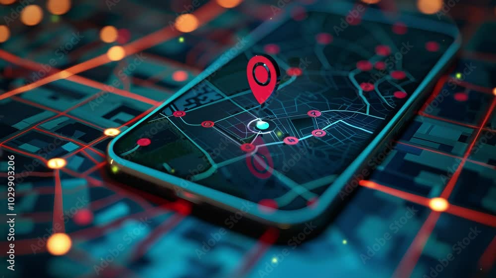 Concept of geofencing, featuring a digital map with virtual boundaries, a location pin, and a ...