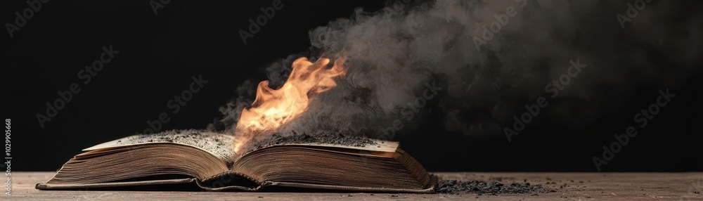 Flaming book with pages turning to ash, destruction of knowledge ...