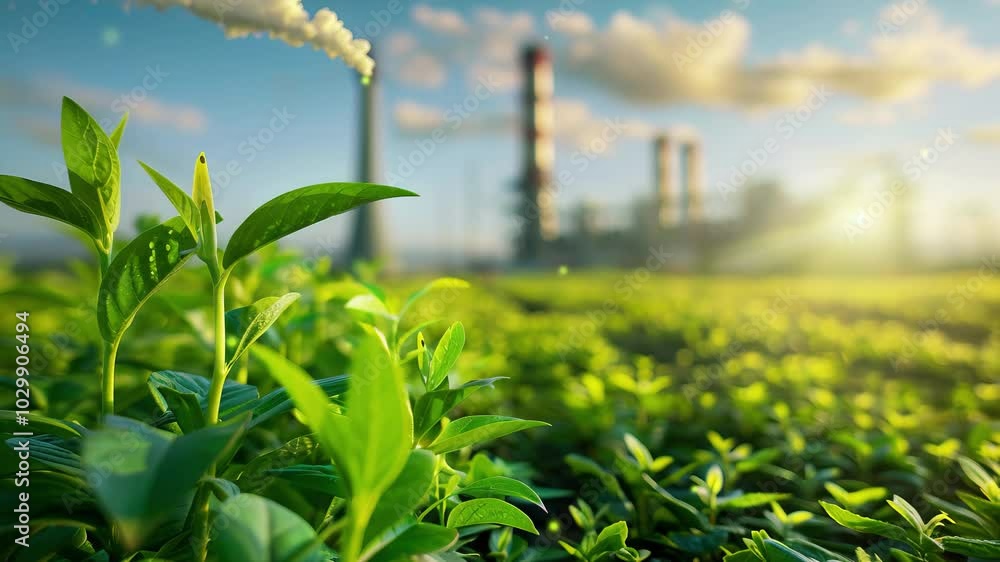 Modern power plant with tree, Green industry eco power for sustainable energy saving ...