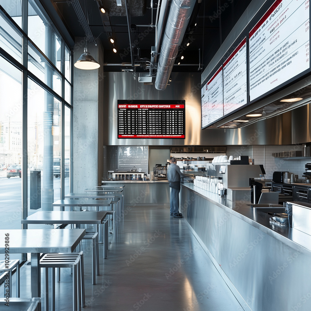 Modern Cafeteria: Sleek Metal Tables and a Large Digital Menu for a ...