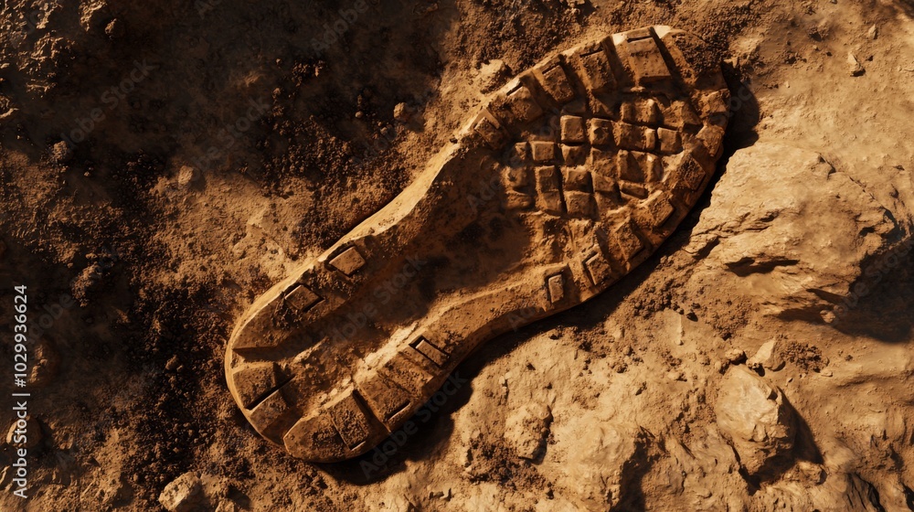 2410_077.detailed imprint of shoe sole in loose dirt, rugged terrain ...