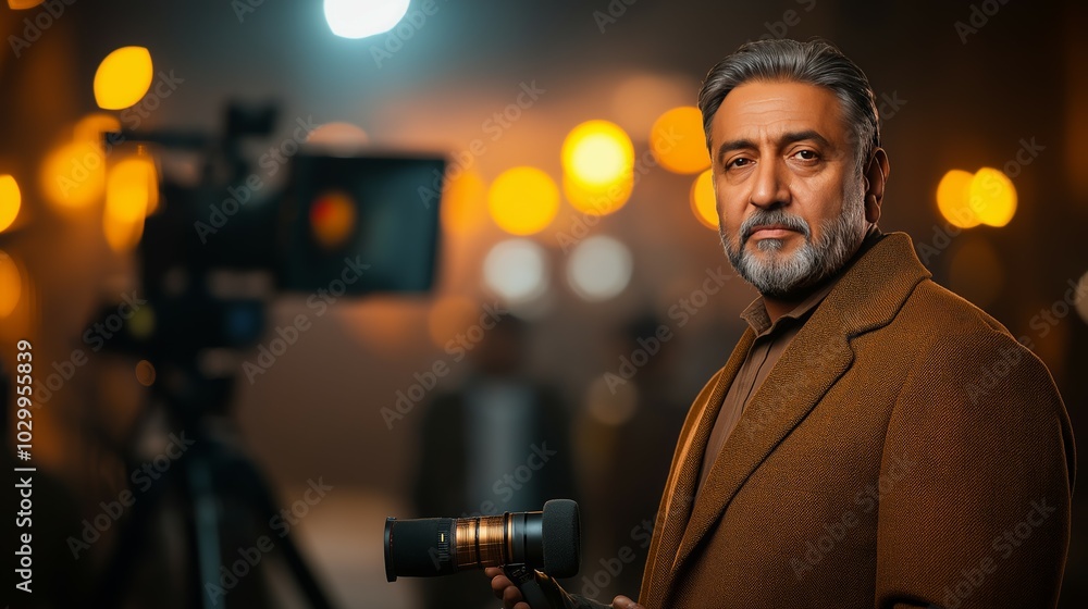 Seasoned indian Reporter Holding Microphone During Live Coverage with ...