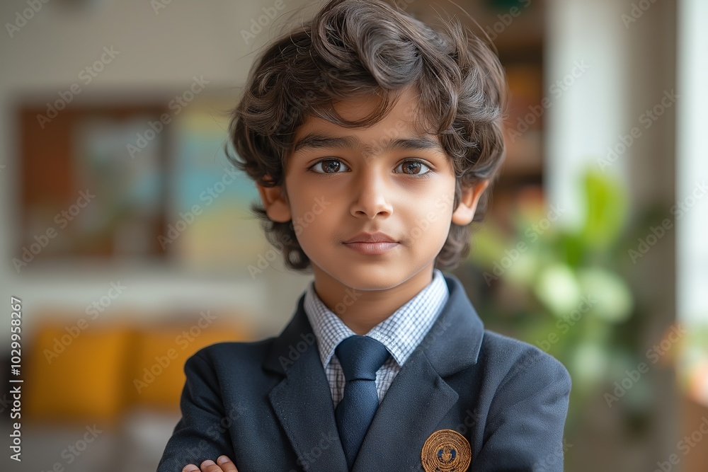 Confident Indian boy in formal school uniform standing with crossed ...