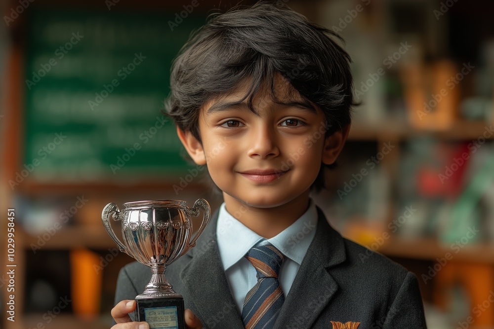 Smiling Indian boy proudly showing trophy for outstanding performance ...