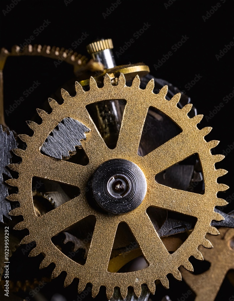 a complex clock mechanism, consisting of brass cogs and cogs. Each element is made of high ...