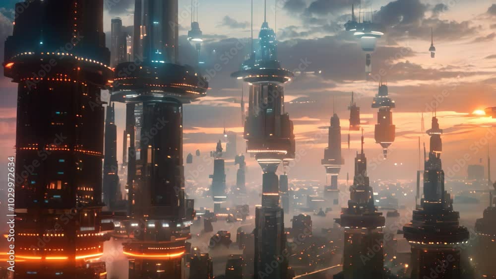 A futuristic city skyline with towering structures illuminated by a ...