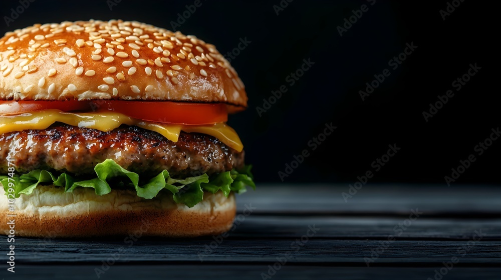 Homemade sesame burger placed on a dark wooden surface with ample space ...