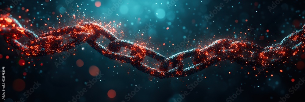 A broken chain and binary code background symbolize a digital security ...