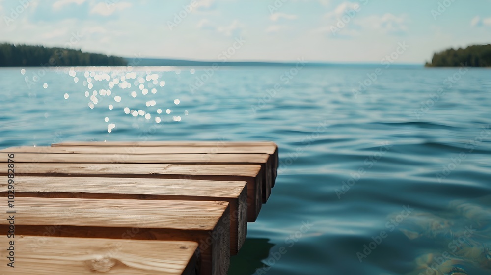 Serene pontoon pier floating on a calm crystal clear lake during the ...