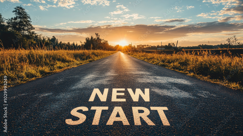 Road to a fresh start with an empty road with written New Start and ...