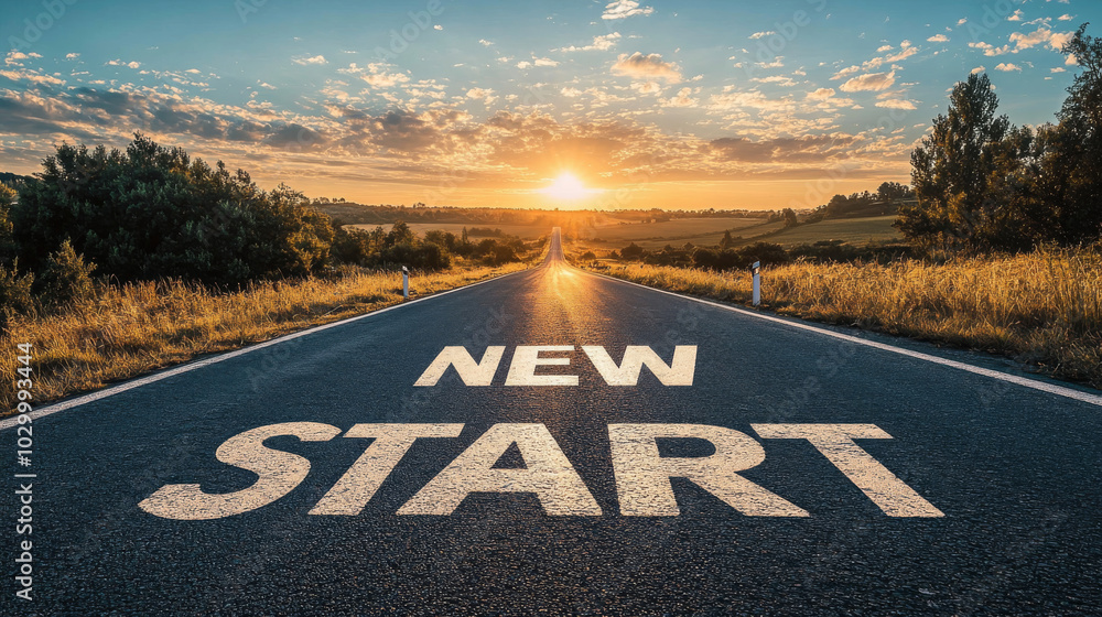 Road to a fresh start with an empty road with written New Start and ...