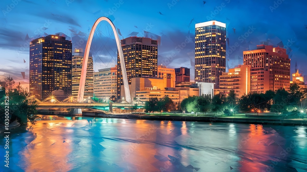 Iconic Gateway Arch in St. Louis with Red Hue, Park Landscape, and ...