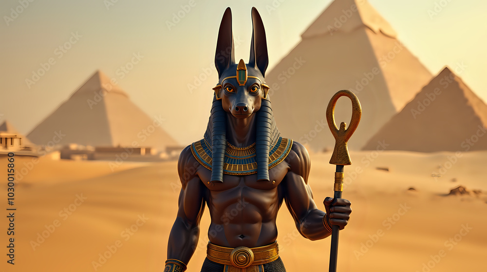 The Egyptian god Anubis, with his iconic jackal head and a muscular ...