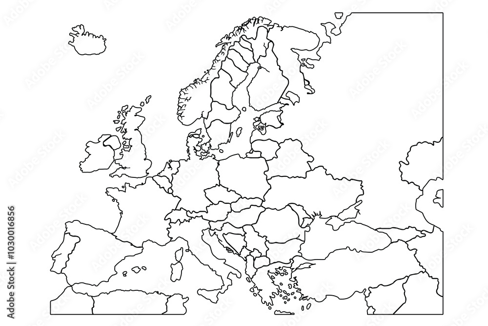 Outline map of Europe white background. Vector map with contour.world ...