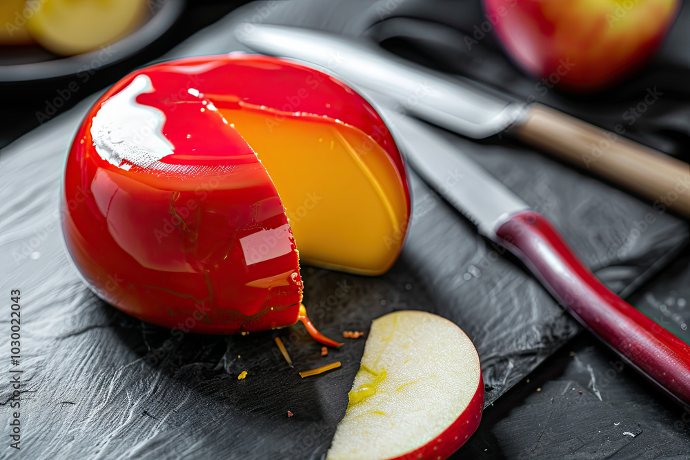 Edam cheese wheel with red wax peeled back, revealing smooth yellow ...