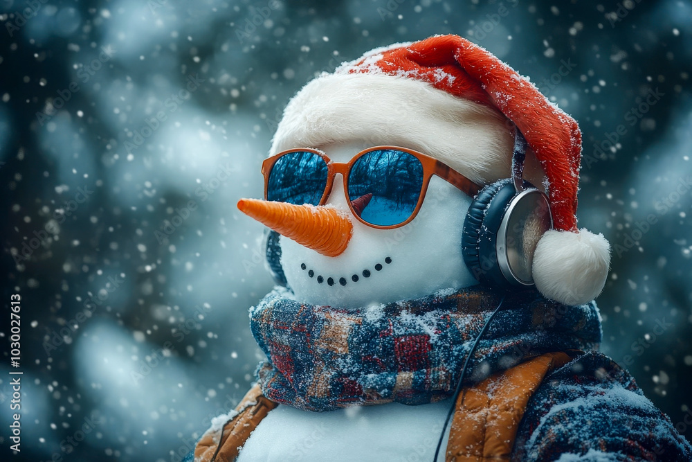 Fun snowman wearing sunglasses, a Santa hat, and headphones in a snowy ...