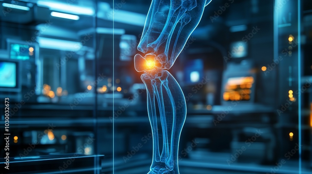 Sci-fi medical hologram of a knee joint with osteoarthritis, glowing in ...