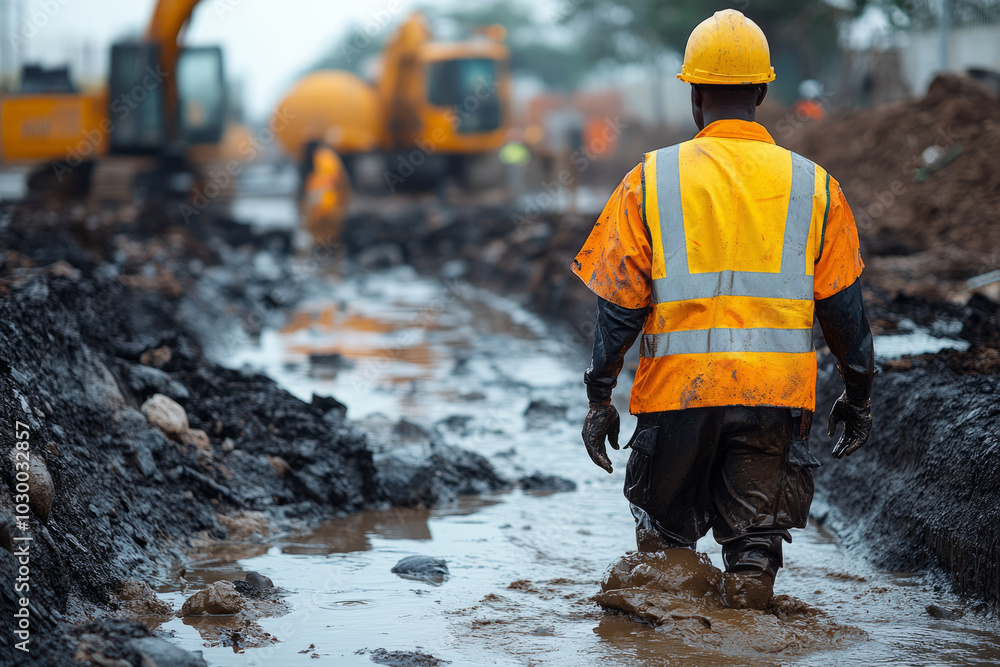 Construction worker wear safety uniform are excavation water drainage ...