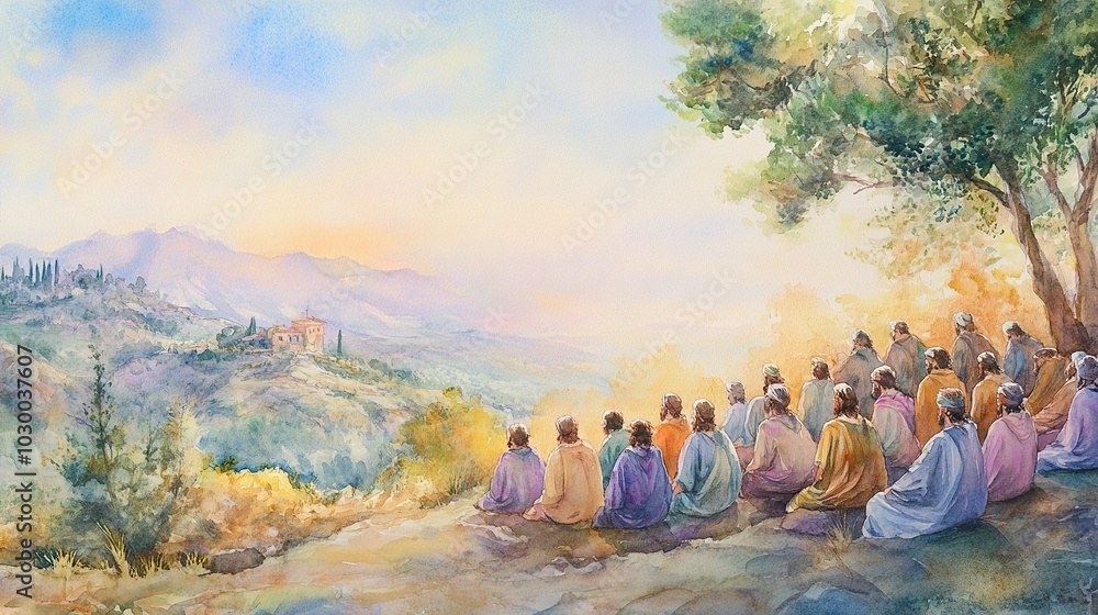 A watercolor scene of the Sermon on the Mount, with soft pastel colors ...