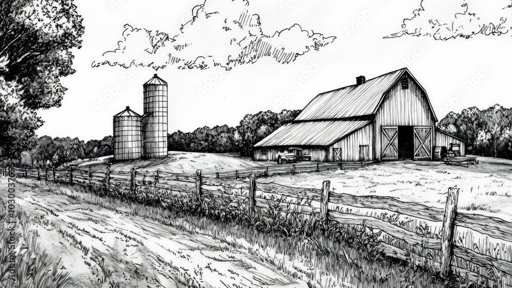 A black and white drawing of a rustic barn and silo on a farm Stock ...