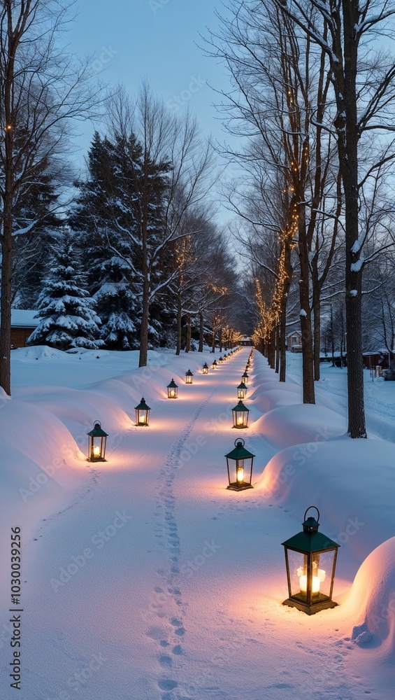 Snowy path lined with Christmas lanterns background for invitation or ...