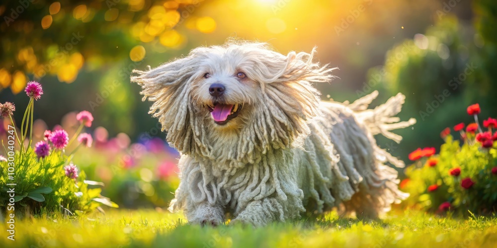 In a colorful park, a lively gray Hungarian Puli dog enjoys playing ...