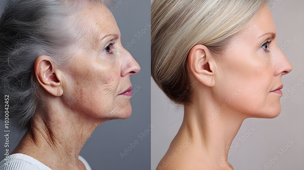 Profile of an older woman with visible aging signs, jowls, and wrinkles ...