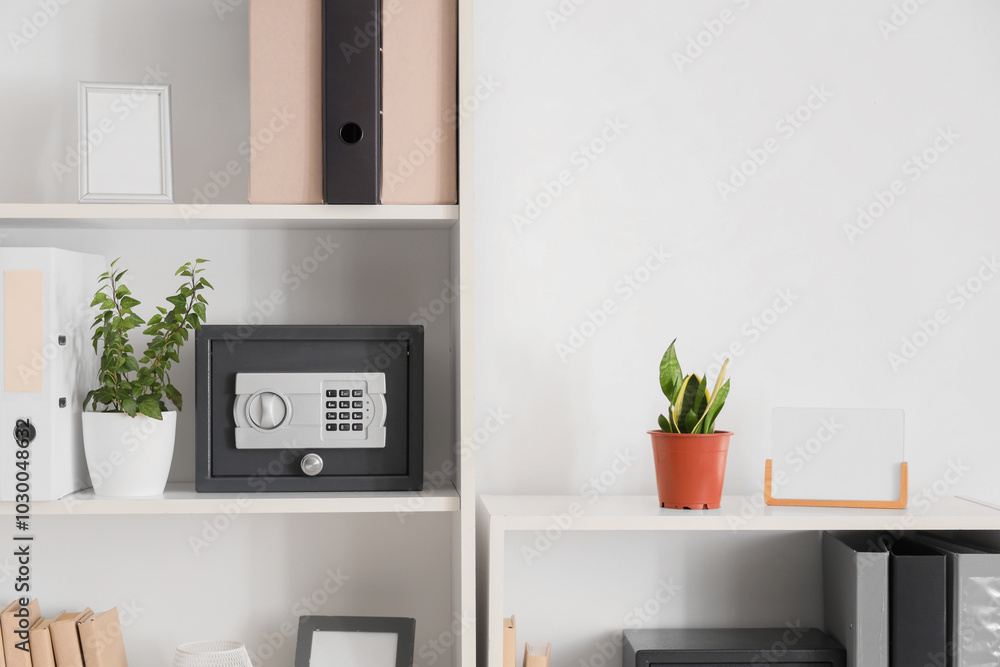 Modern safe, houseplants and office folders on shelving unit near white ...