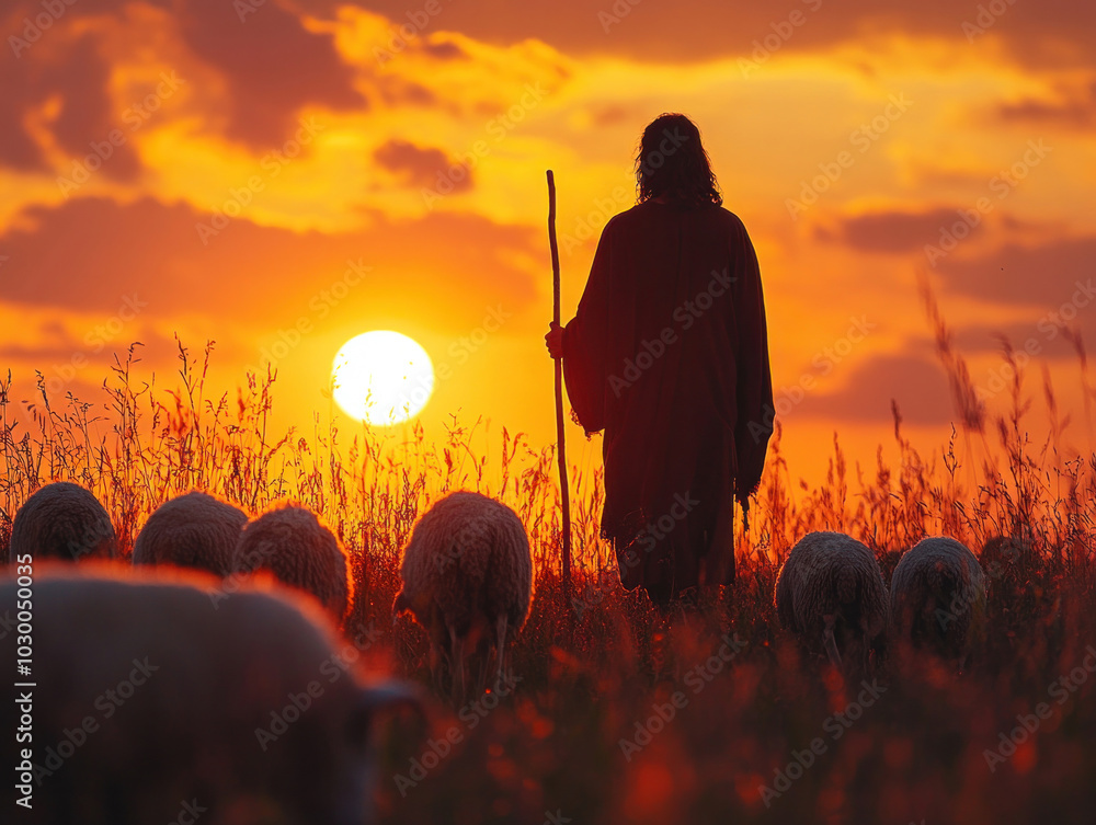 Jesus in silhouette, holding a staff, standing among his sheep with a ...