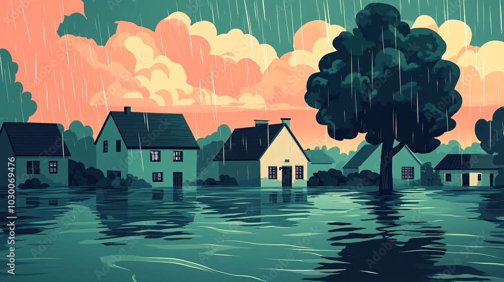 ภาพประกอบสต็อก 2410_297.2d cartoon flood disaster, suburban homes ...