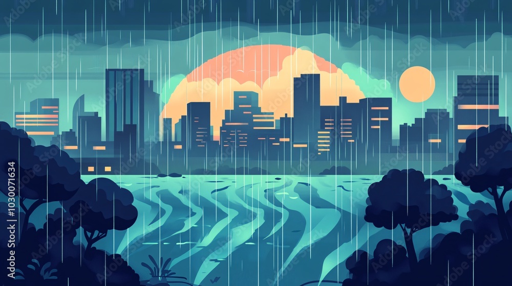 2410_302.vector flood hazard visualization, extreme weather depiction ...